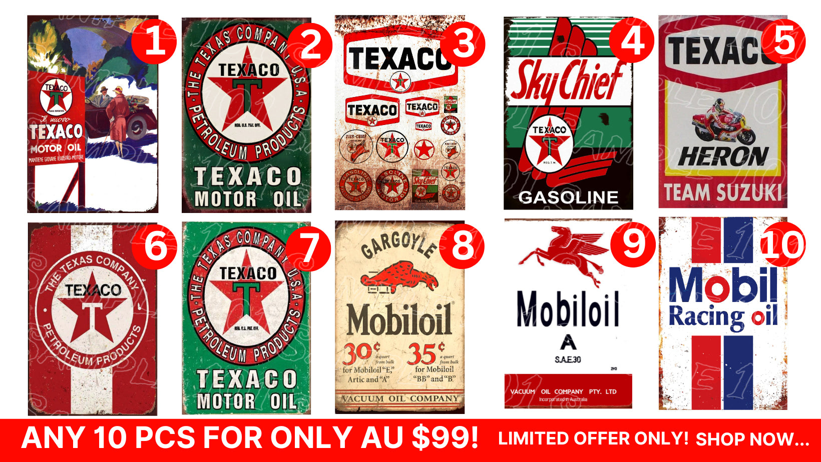 Bulk Buy-Oil Signs 10 Designs Retro/ Vintage Tin Metal Sign Man Cave W