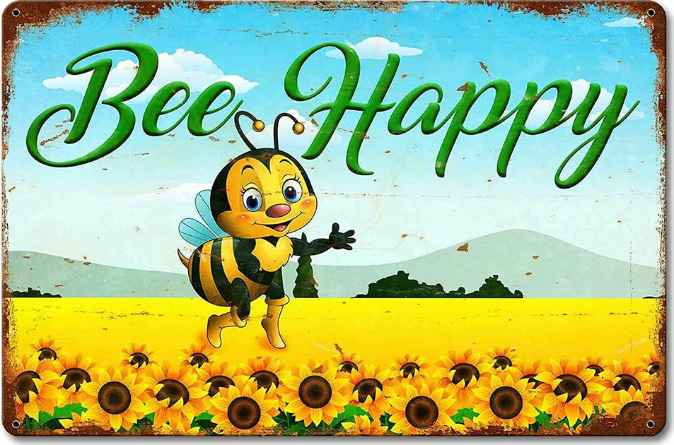 Bee Happy Sunflower Metal Tin Sign – Vintage Floral Wall Decoration ...